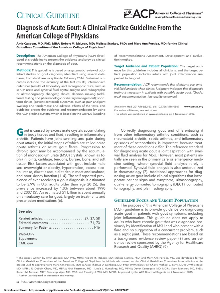 Diagnosis of Acute Gout: A Clinical Practice Guideline From The ...