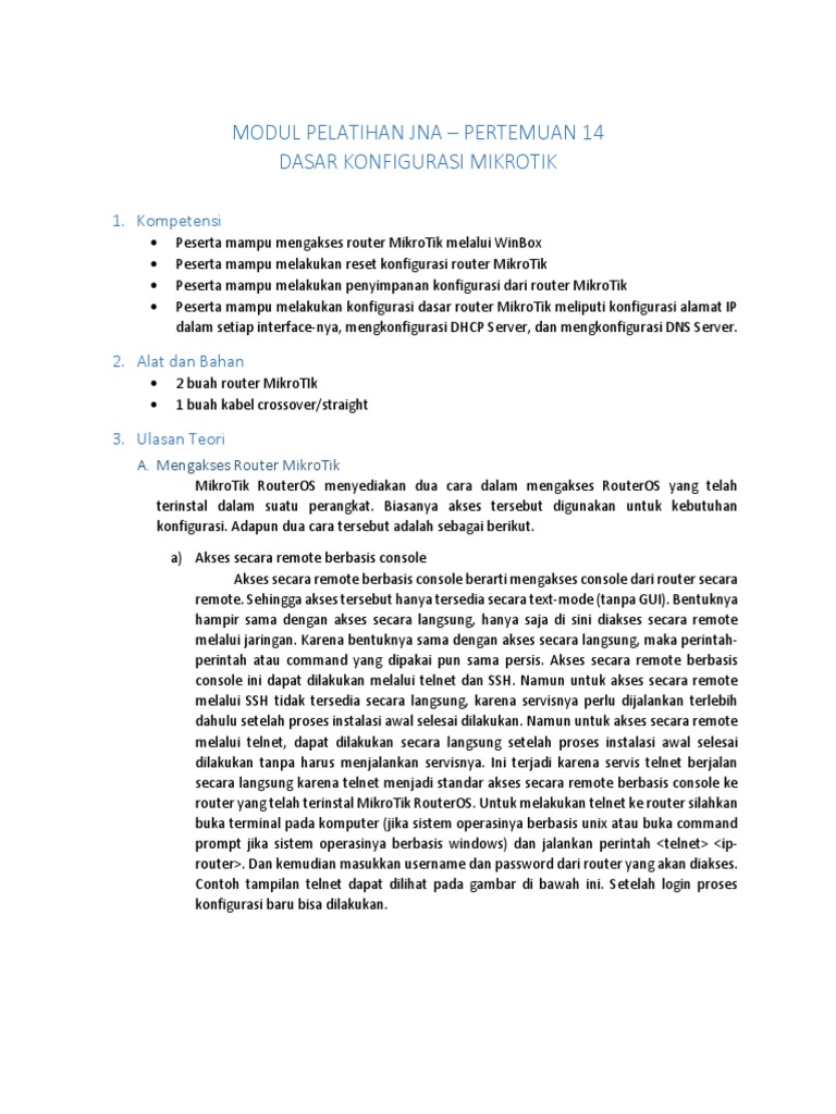 MODUL Pertemuan 14 JNA - Konfigurasi Dasar Mikrotik | PDF | Griya & Taman | Komputer