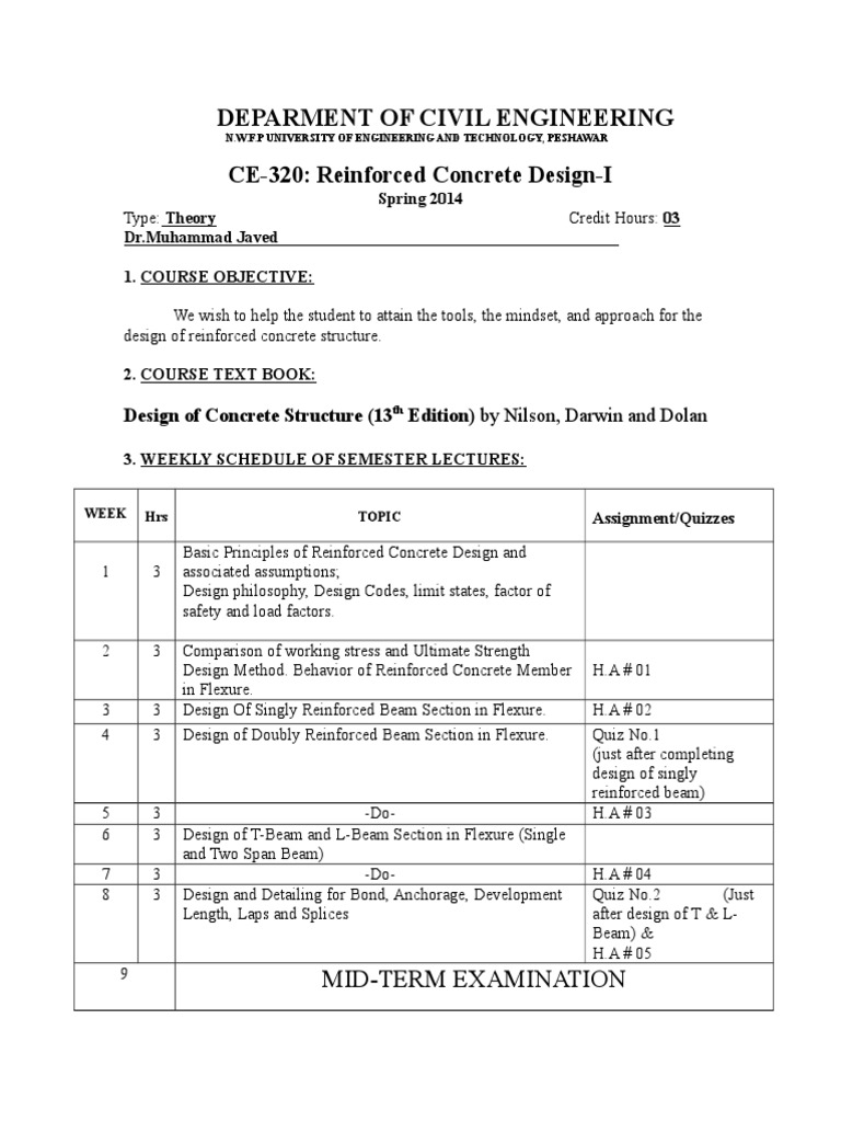 Reinforced Concrete Design-1 Course Outline | PDF | Bending ...