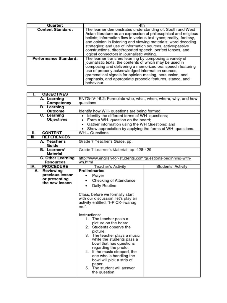 Lesson Plan in WH Questions | PDF | Question | Verb