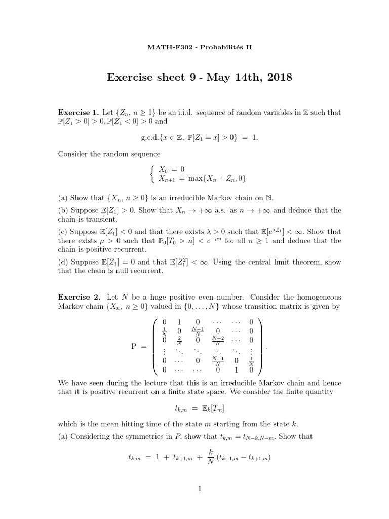 Exercise Sheet 9 - May 14th, 2018: MATH-F302 - Probabilit Es II | PDF ...