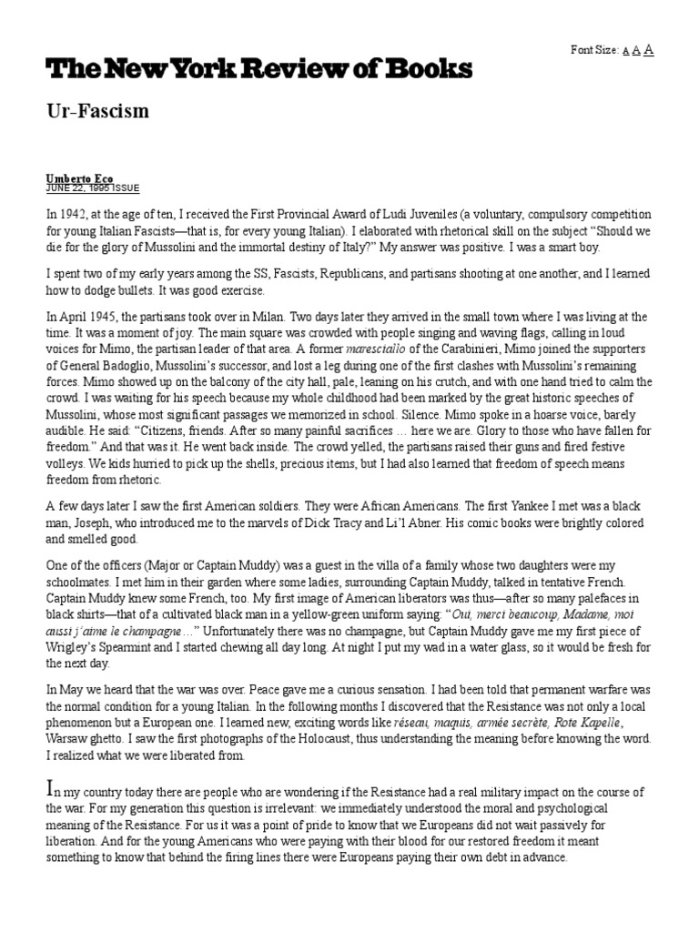 Ur-Fascism by Umberto Eco | PDF | Fascism | Benito Mussolini