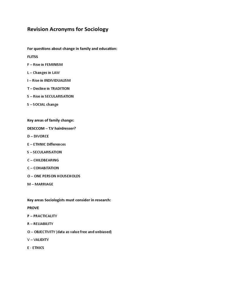 Revision Acronyms For Sociology | PDF | Social Science