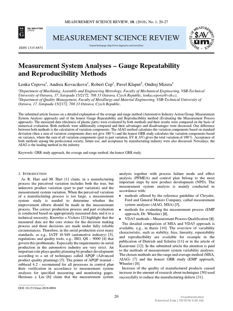 Measurement System Analyses Gauge Repeatability and Reproducibility ...
