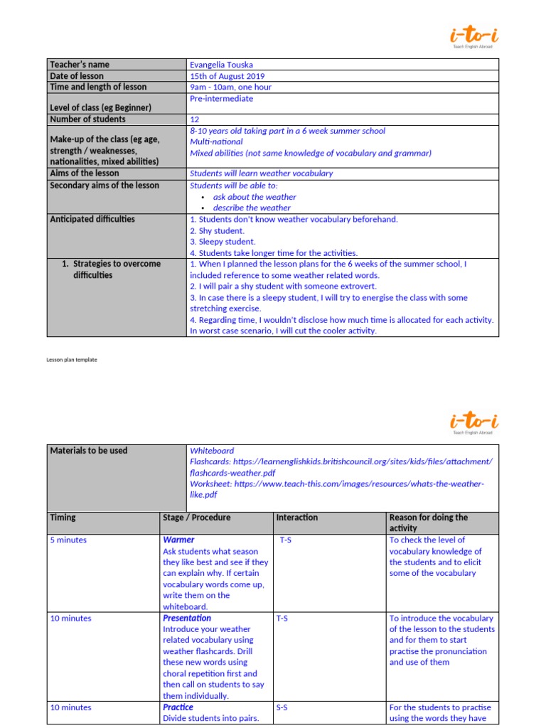 Lesson Plan For Young Learners | PDF | Vocabulary | Worksheet