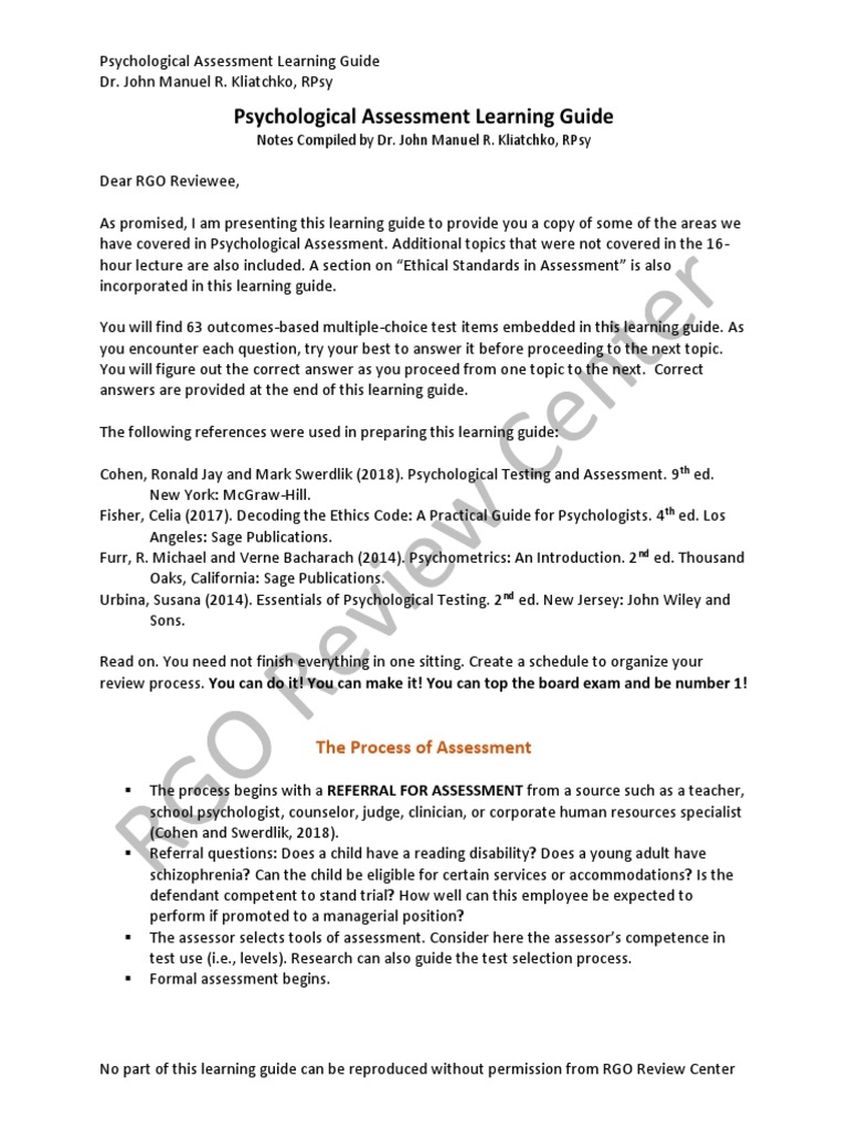 Psychological Assessment Learning Guide: Notes Compiled by Dr. John ...