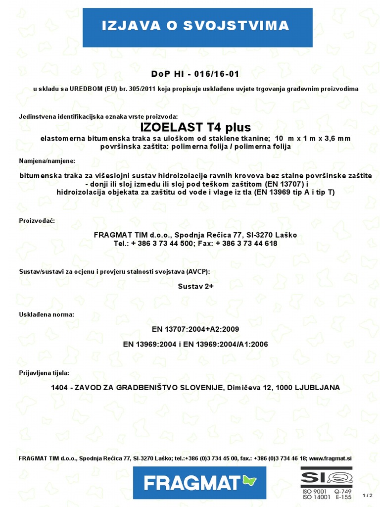 IZOELAST T4 Plus Izjava o Svojstvima - 16-01 | PDF