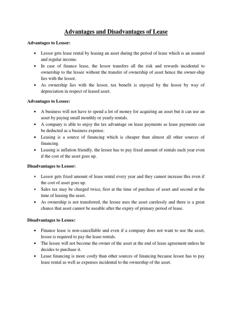 Advantages and Disadvantages of Lease | PDF