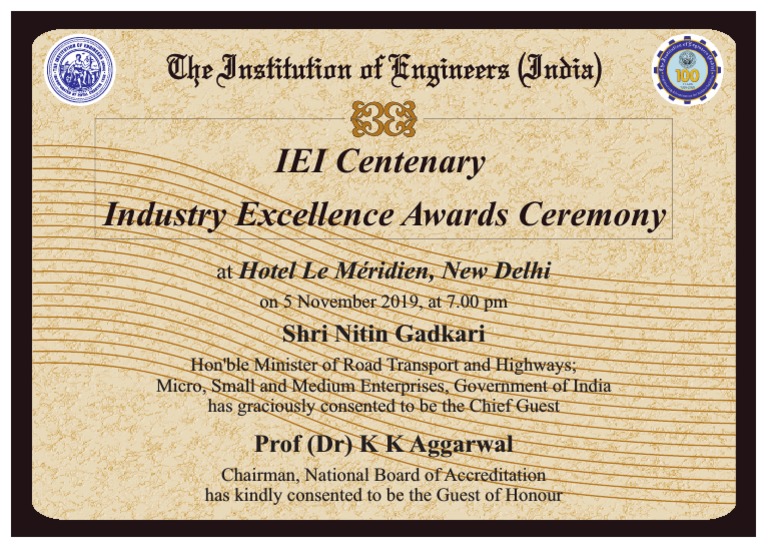 The Institution of Engineers (India) : IEI Centenary Industry Excellence Awards Ceremony | PDF