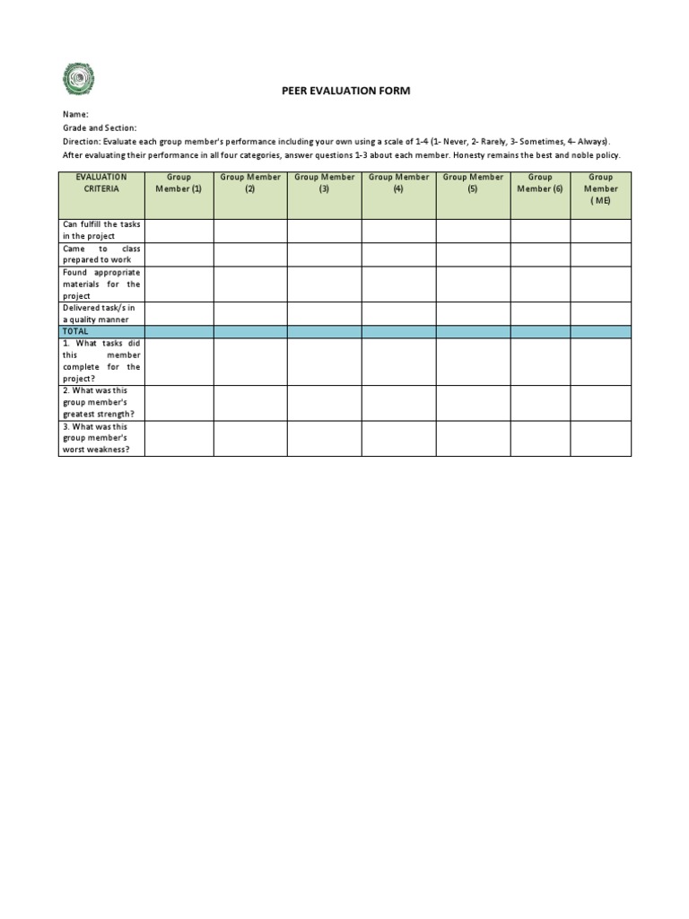 Group Project Peer Evaluation Form