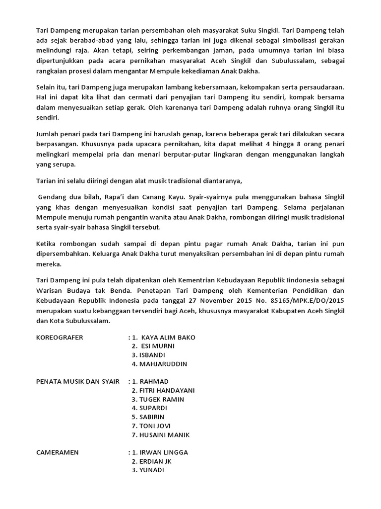 Sinopsis Tari Dampeng Etnis Singkil | PDF | Ilmu Sosial | Perjalanan
