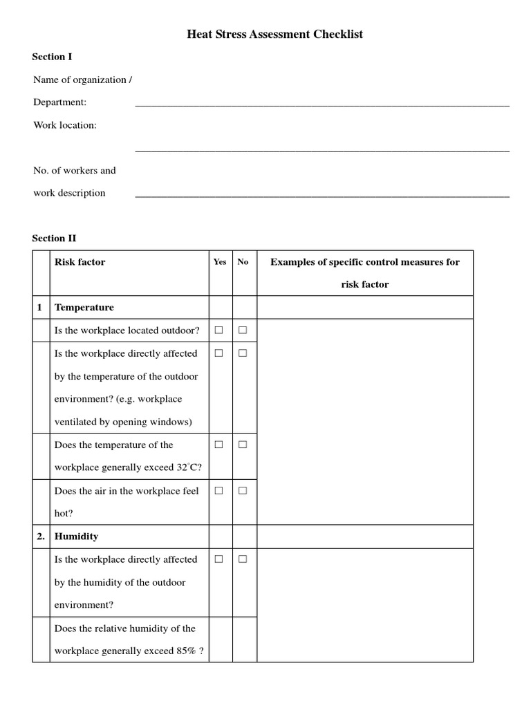 Heat Stress Assessment Checklist: Section I | PDF