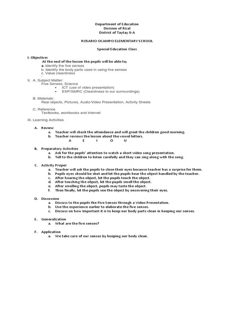 Five Senses Lesson Plan for SPED | PDF | Senses | Neuropsychology
