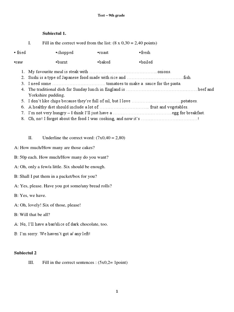 Subiectul 1.: Test - 9th Grade | PDF | Teaching Methods & Materials