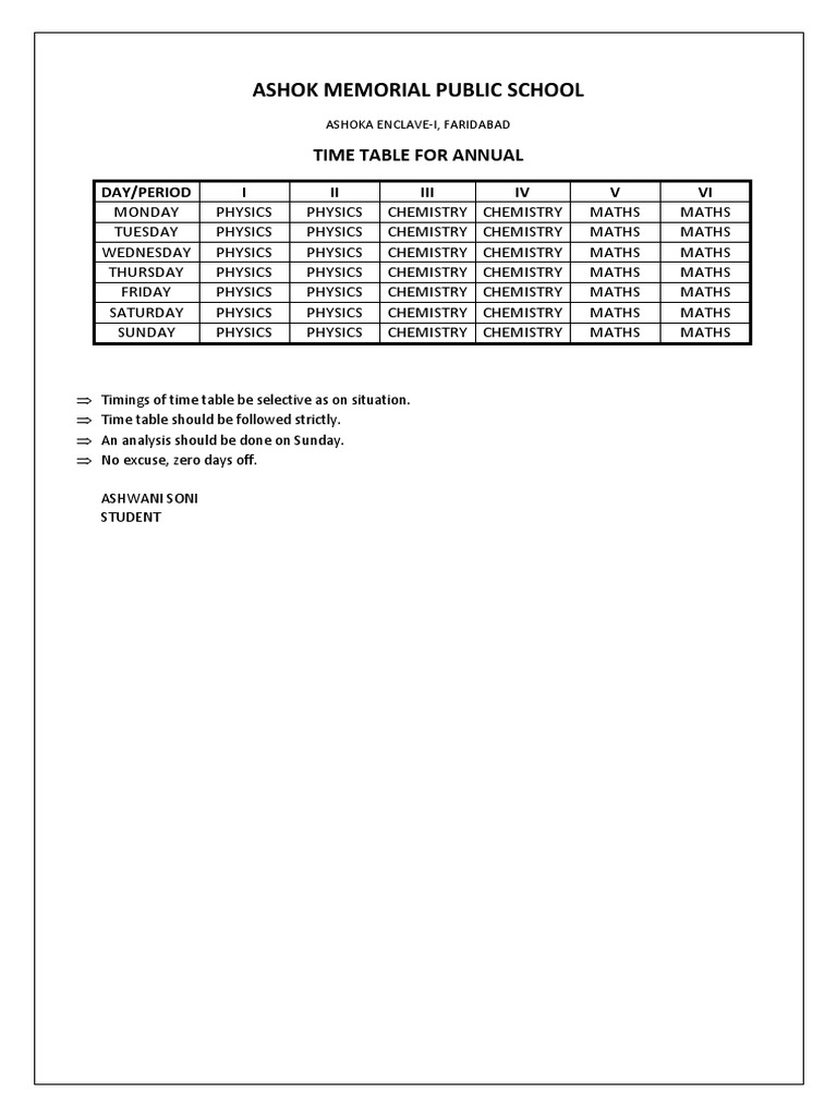 Ashok Memorial Public School: Time Table For Annual | PDF