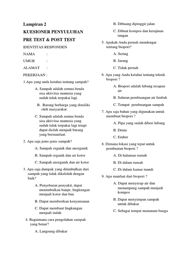 Contoh Kuesioner Penyuluhan Pre Test | PDF