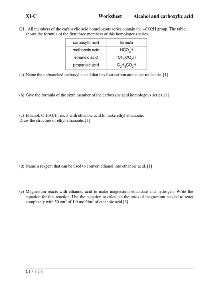 Xi-C Worksheet Alcohol and Carboxylic Acid | PDF | Ethanol | Alcohol