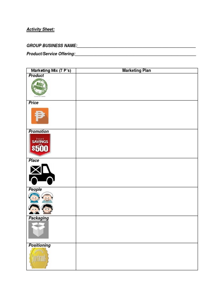 Activity Sheet:: Marketing Mix (7 P'S) Marketing Plan | PDF