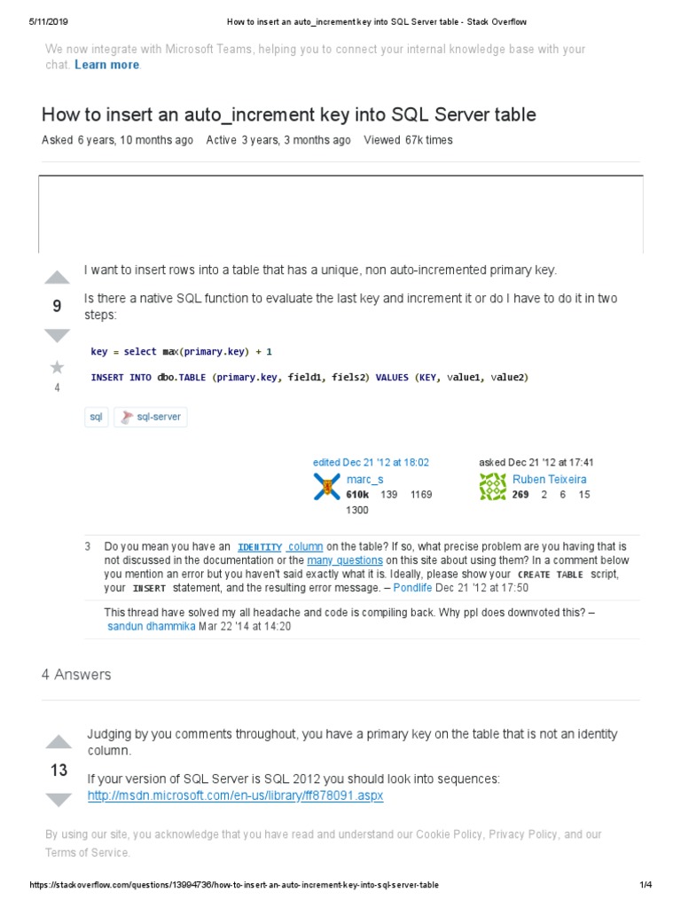 How To Insert An Auto Increment Key Into Sql Server Table Stack Overflow Pdf Microsoft