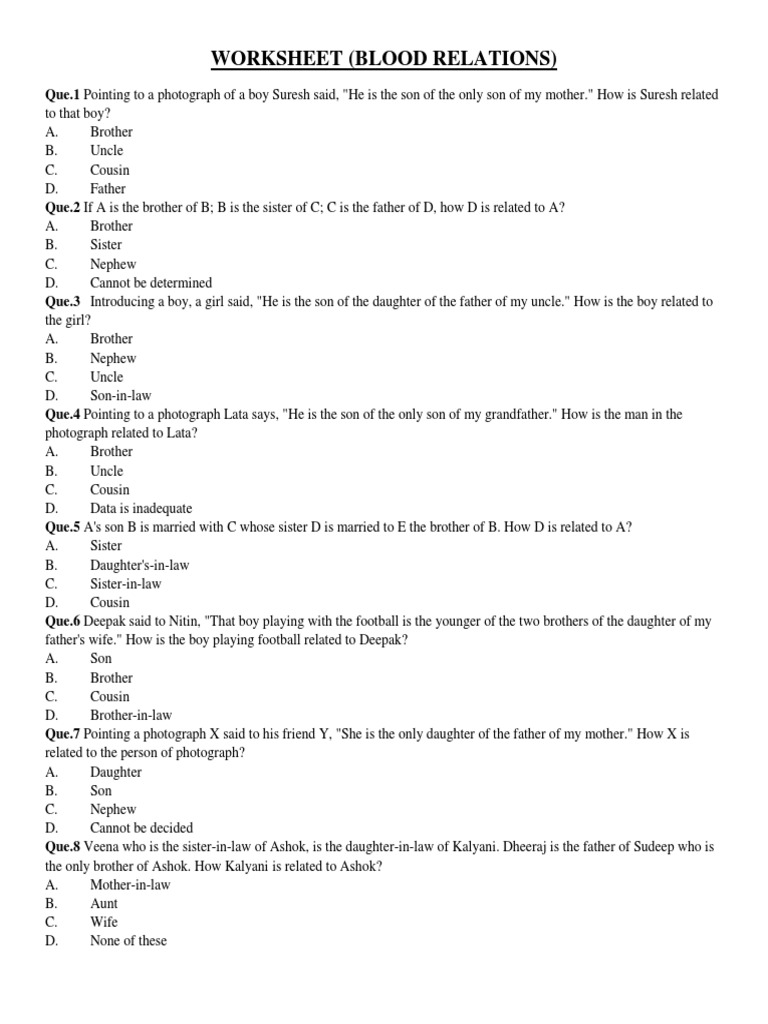Worksheet (Blood Relations) | PDF | Family | Living Arrangements
