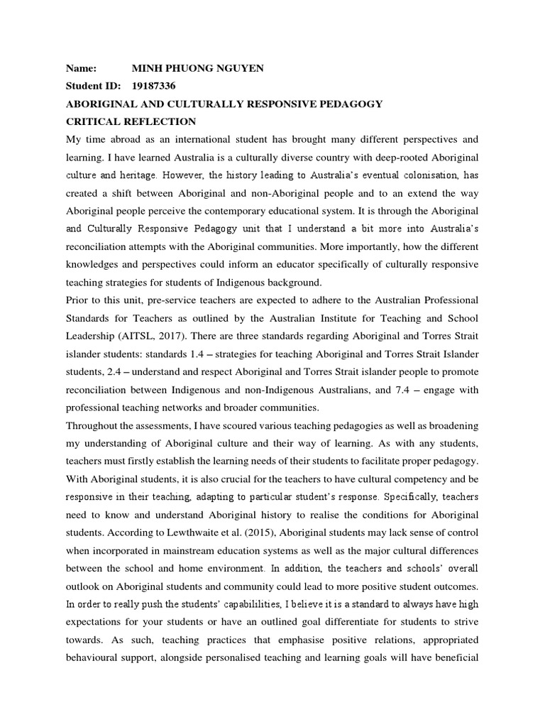 Aboriginal and Culturally Responsive Pedagogy 19187336 Reflection | PDF ...