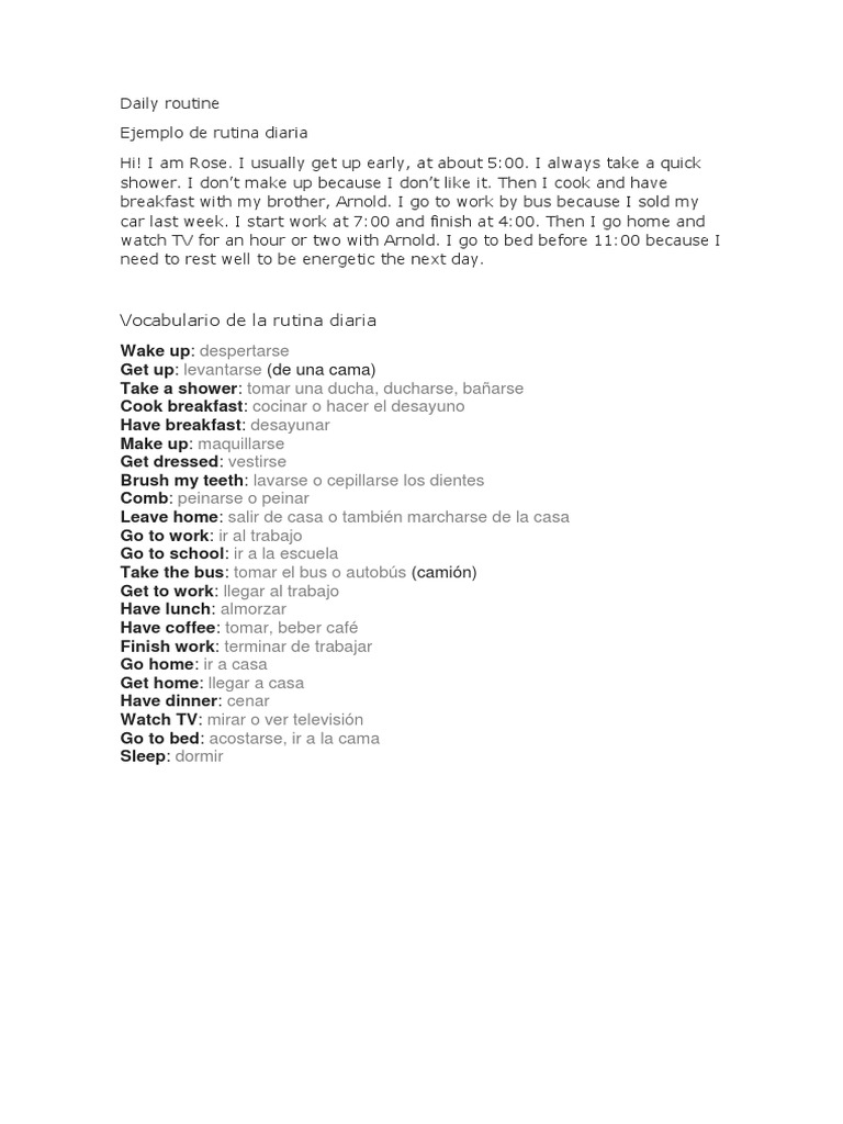 Vocabulario de Rutina Diaria | PDF