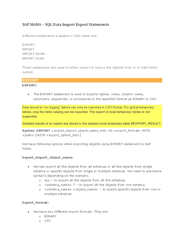 SAP HANA Import & Export Statements | PDF | Comma Separated Values | File Format