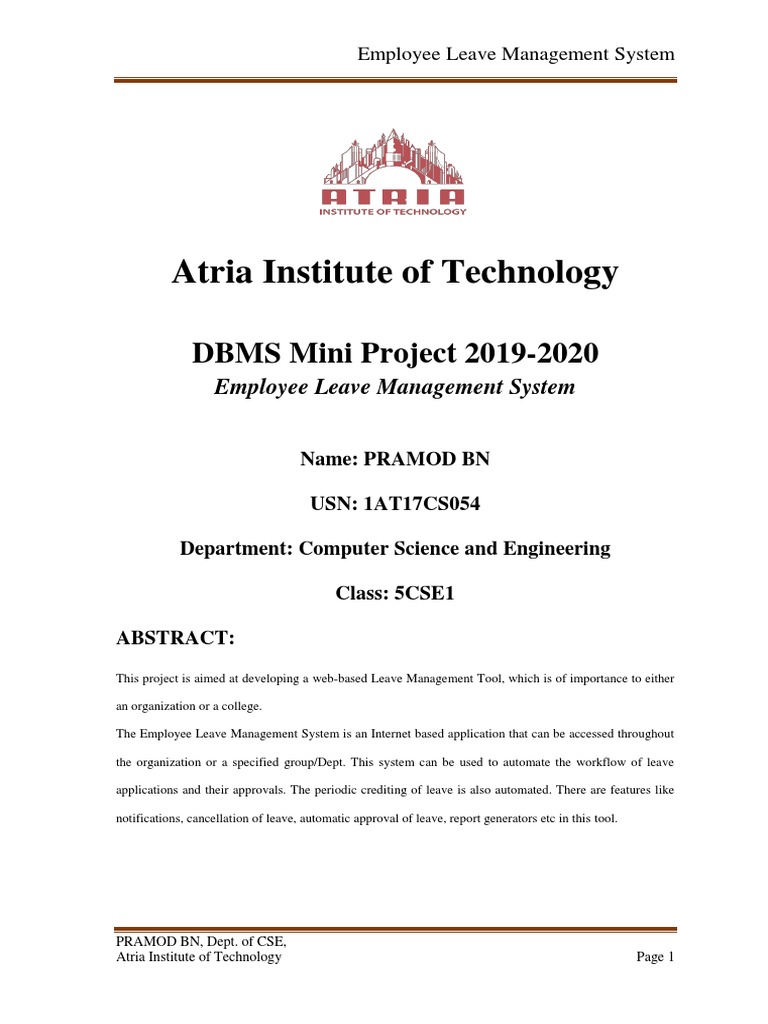 Atria Institute of Technology: DBMS Mini Project 2019-2020 | PDF ...