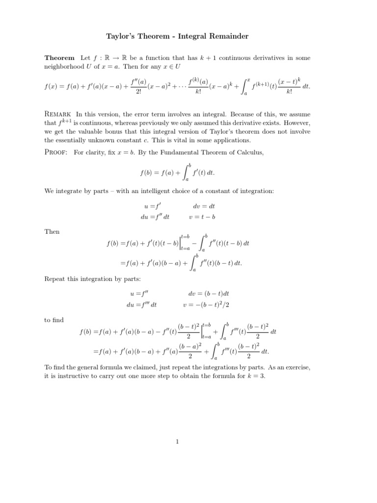 Taylor's Theorem - Integral Remainder: 2 (K) K X (k+1) K | PDF ... Taylor's Theorem - Integral Remainder: 2 (K) K X (k+1) K | PDF ...