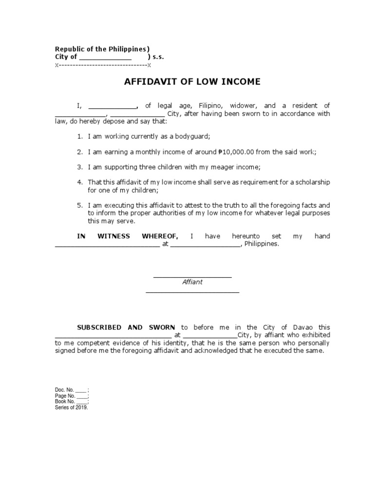 Affidavit of Low Income: Republic of The Philippines) City of - ) S.S | PDF