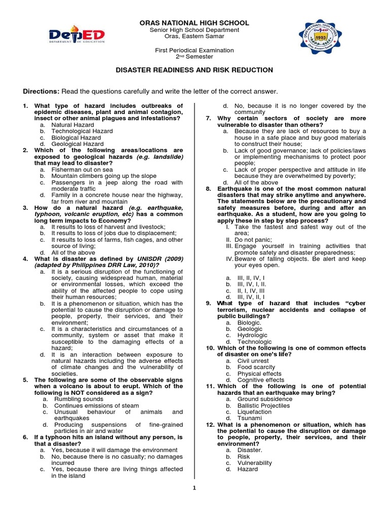 Test Questionnaire Disaster Readiness and Reduction 3rd Quarter ...