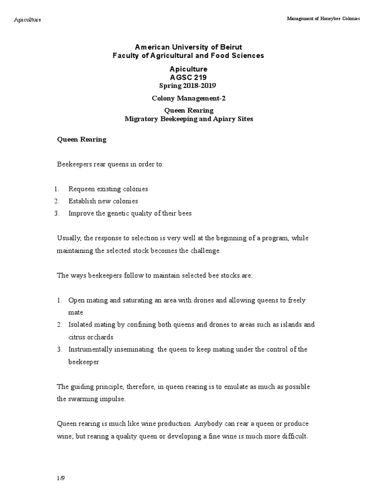 Colony Management Fall 2018-2019 Handout 1 | PDF | Beekeeping | Beehive