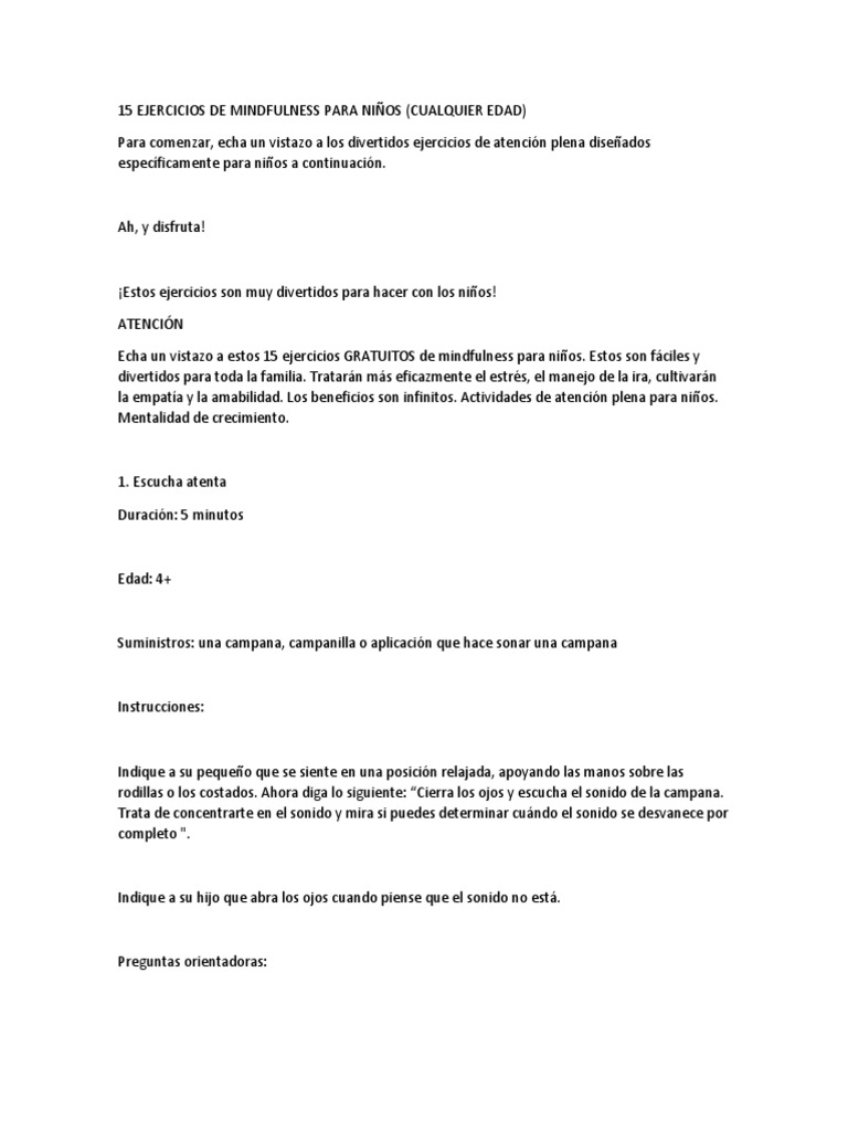 Mindfulness para Niños: 15 Ejercicios | PDF | Gratitud | Las emociones