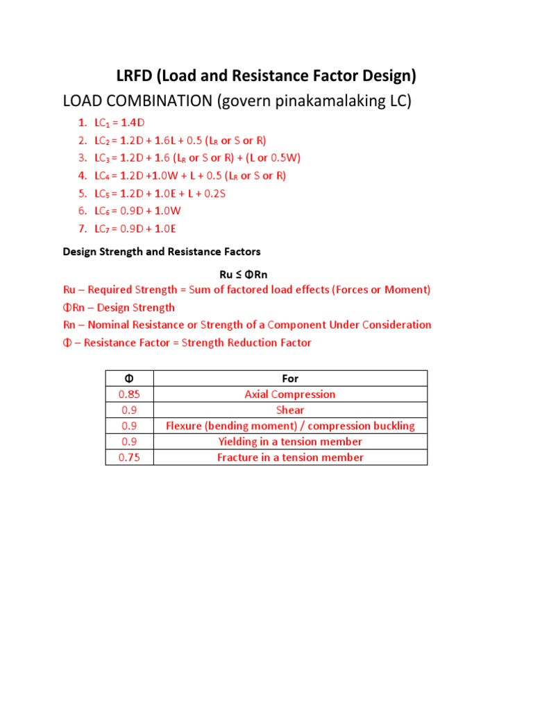 LOAD COMBINATION (Govern Pinakamalaking LC) : LRFD (Load and Resistance Factor Design) | PDF