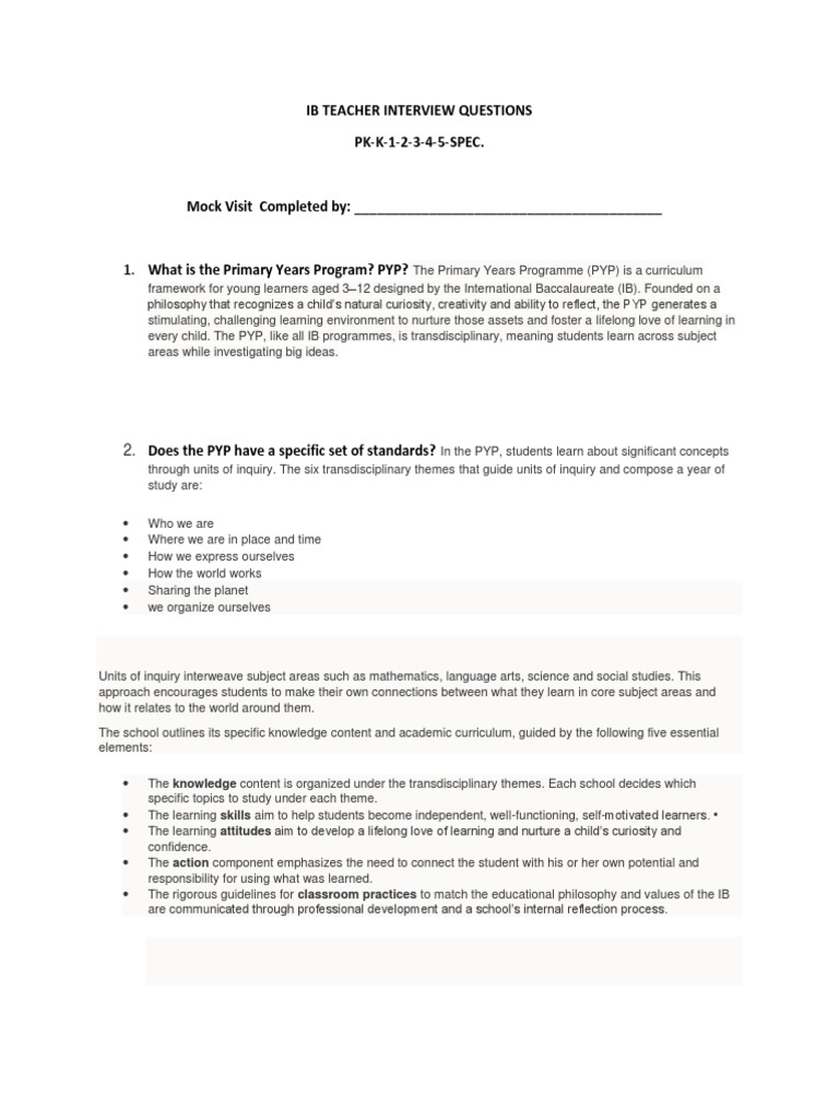 IB Teacher Interview Questions Guide | PDF | Curriculum | Learning