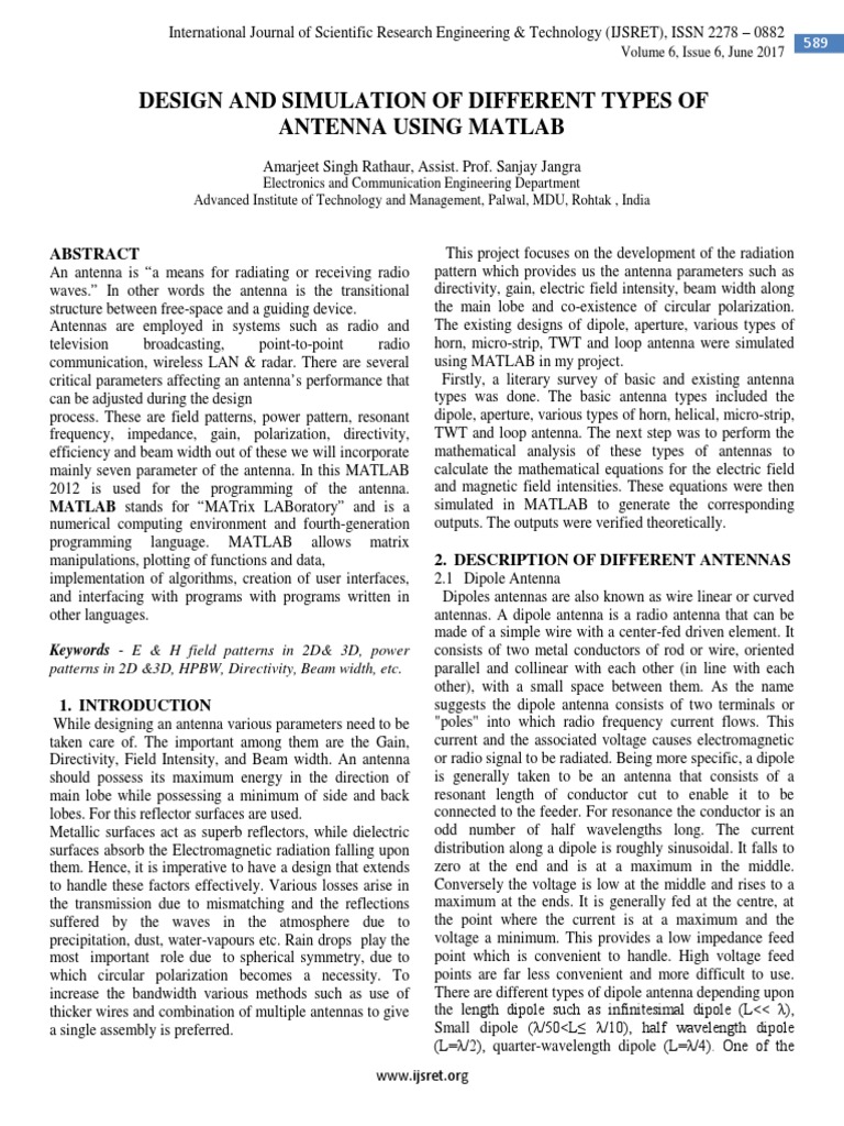 Design and Simulation of Different Types of Antenna Using Matlab | PDF ...