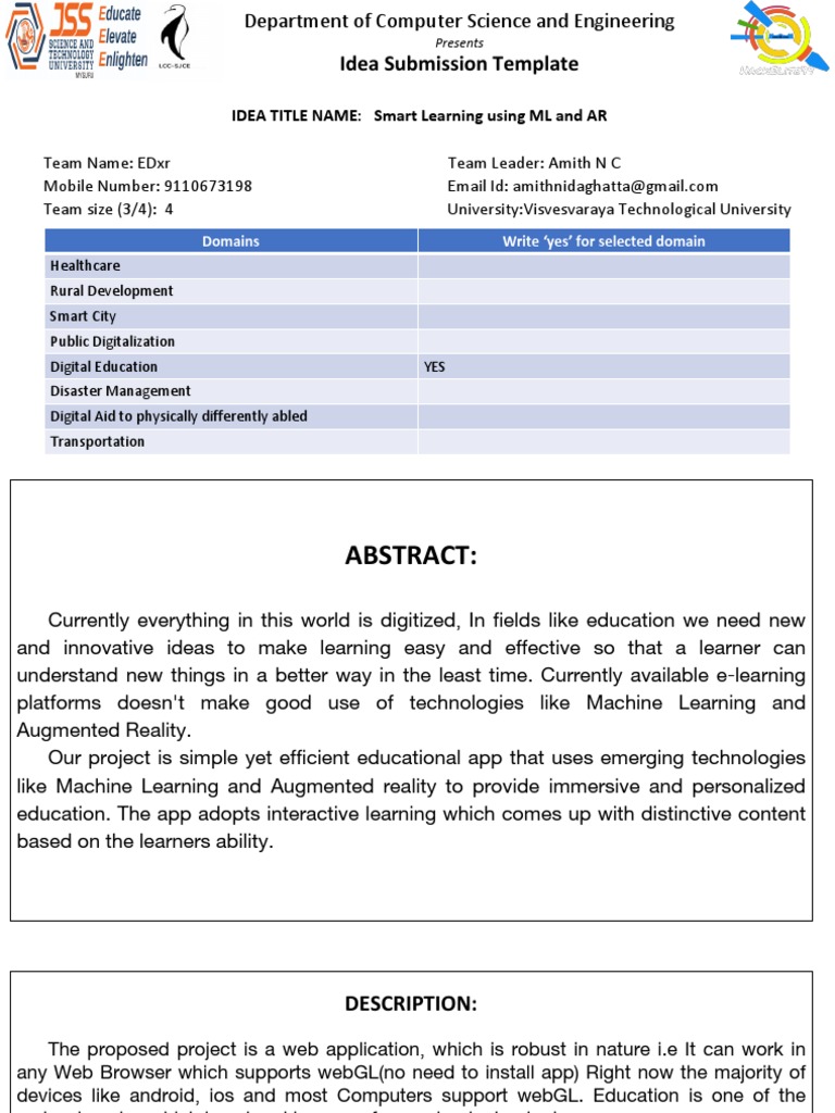 Idea Submission Template: IDEA TITLE NAME: Smart Learning Using ML and ...