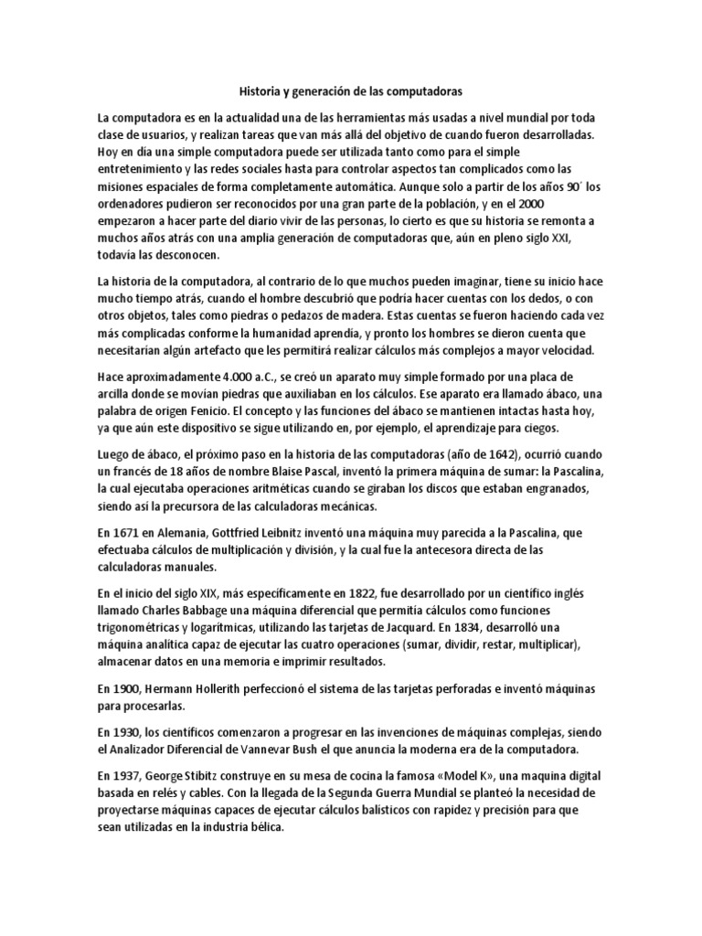 Historia y Generación de Las Computadoras Resumen | PDF | Microprocesador | Circuito integrado