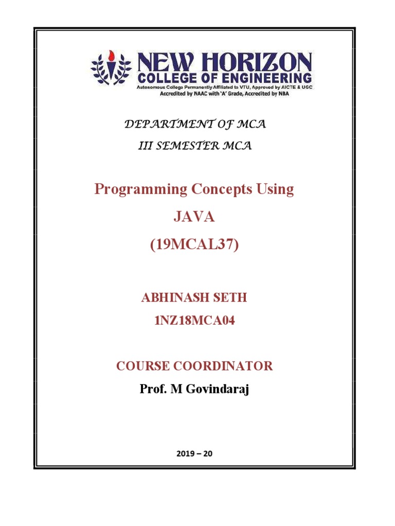 Programming Concepts Using Java (19MCAL37) : Abhinash Seth 1NZ18MCA04 | PDF