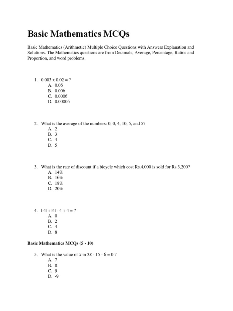 Basic Mathematics MCQs | PDF | Group (Mathematics) | Curvature