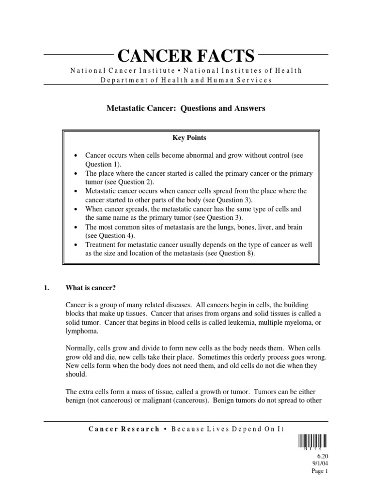 Cancer Facts: Metastatic Cancer: Questions and Answers | PDF ...