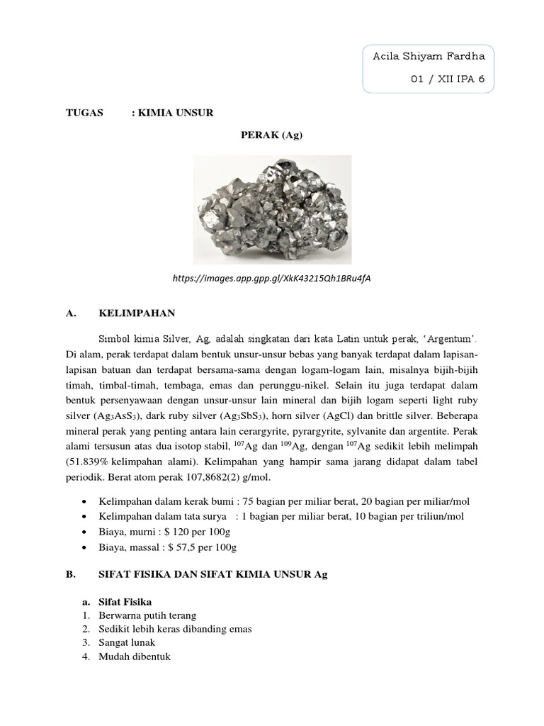 Kelimpahan, Sifat Kimia & Fisika, Pembuatanunsur Ag (Perak) | PDF