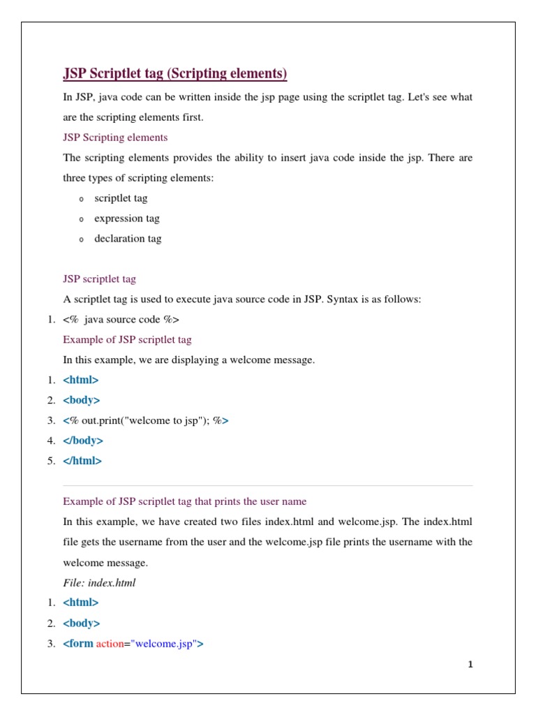 Jsp Scriptlet Tag Scripting Elements Pdf Java Server Pages Information Technology Management