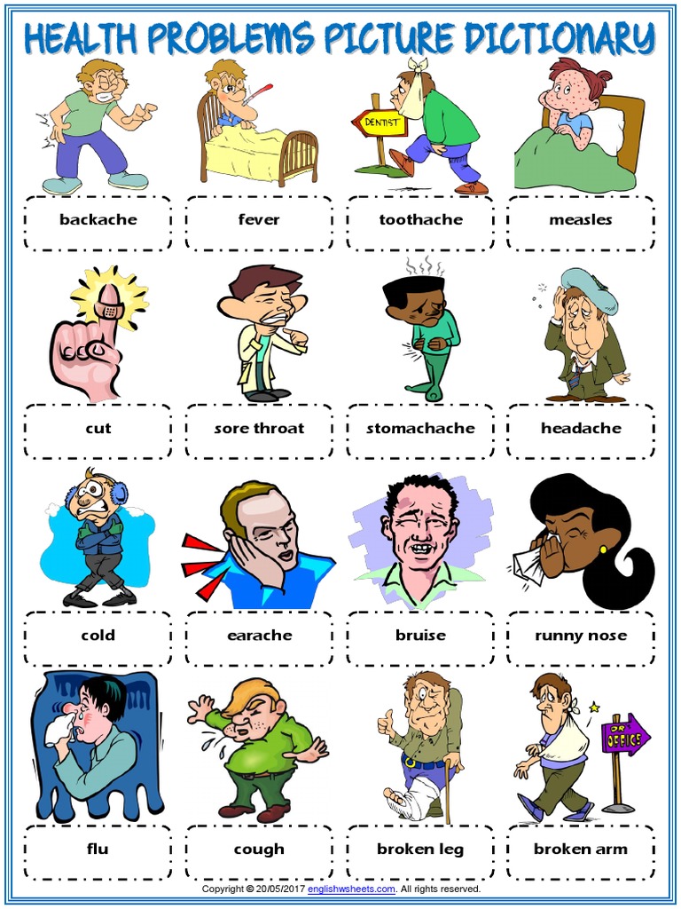 Health Problems Vocabulary Esl Picture Dictionary Worksheet For Kids | PDF