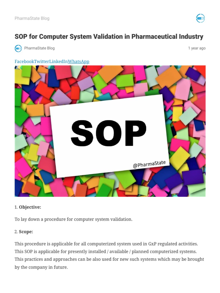 SOP For Computer System Validation in Pharmaceutical Industry | PDF | Verification And ...