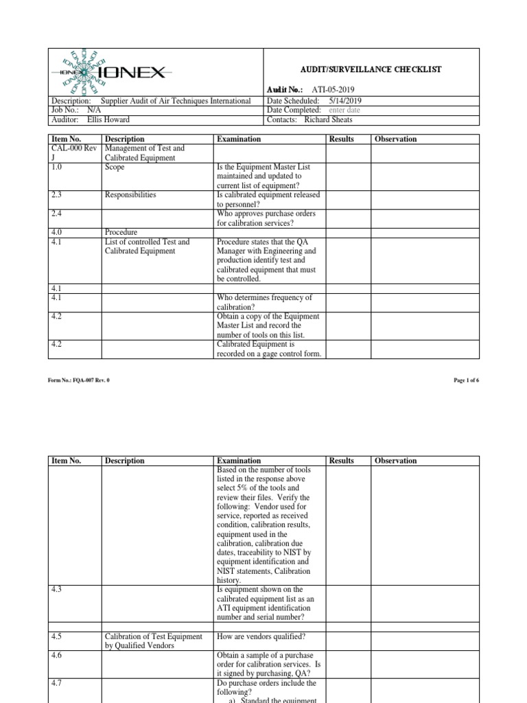 Supplier Audit Checklist for Calibration | PDF | Calibration | Audit