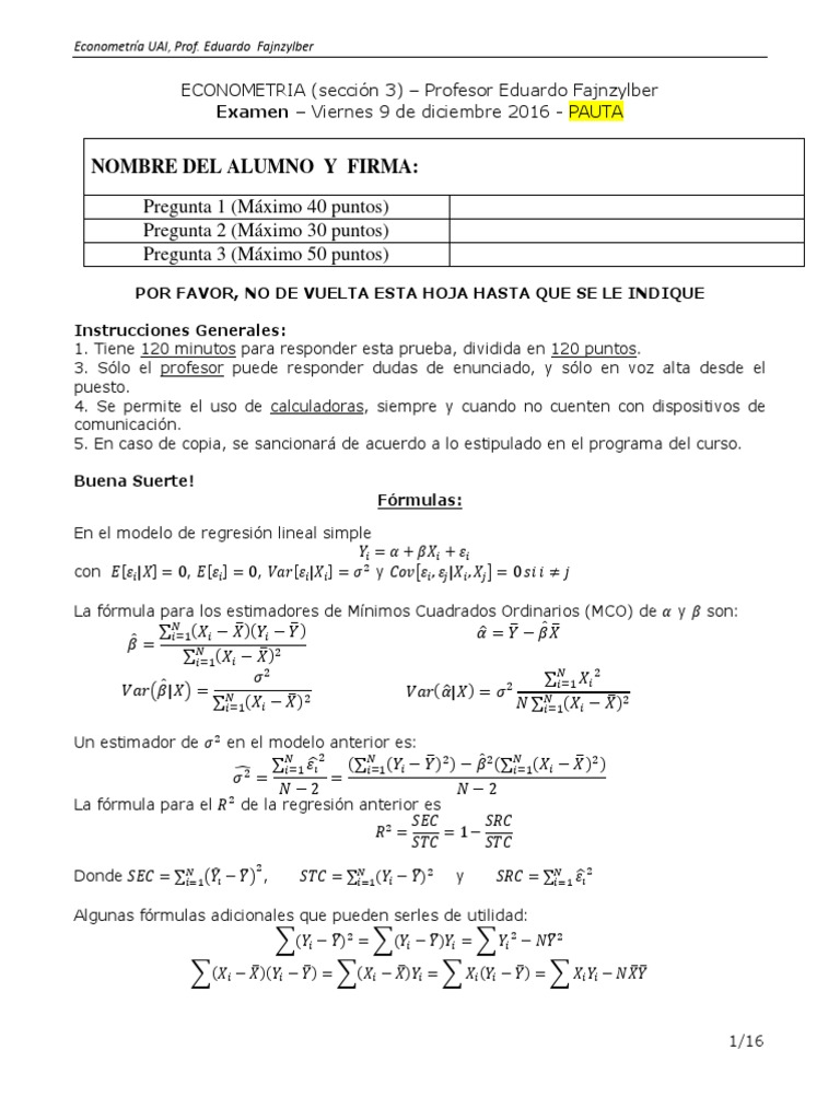 Examen Econometria 2016 02 Sección 3 PAUTA | PDF | Estimador | Correlación y dependencia