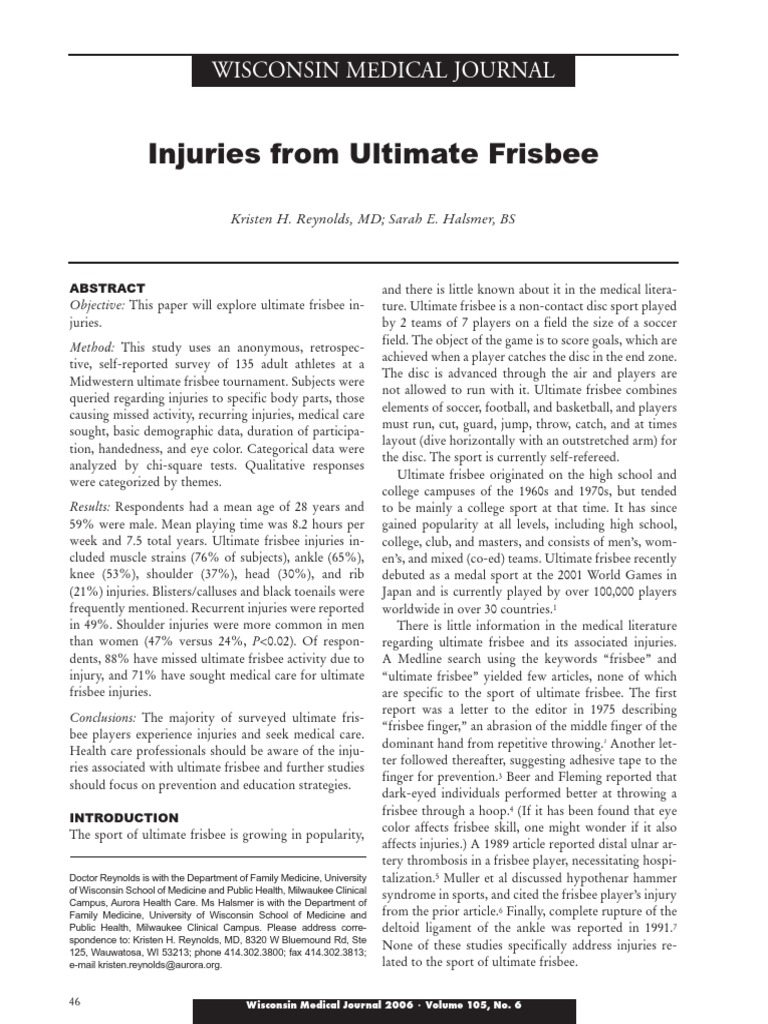 Injuries From Ultimate Frisbee: Wisconsin Medical Journal Wisconsin ...