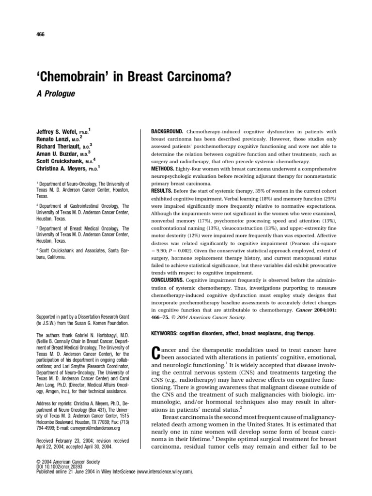 Chemobrain Study Breast Carcinoma | PDF | Hormone Replacement Therapy ...