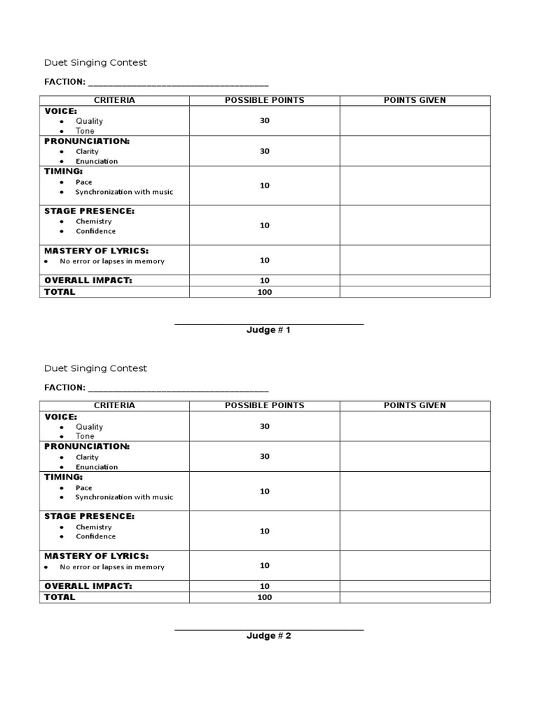 Duet Singing Contest Judging Criteria | PDF | Singing | Musicology